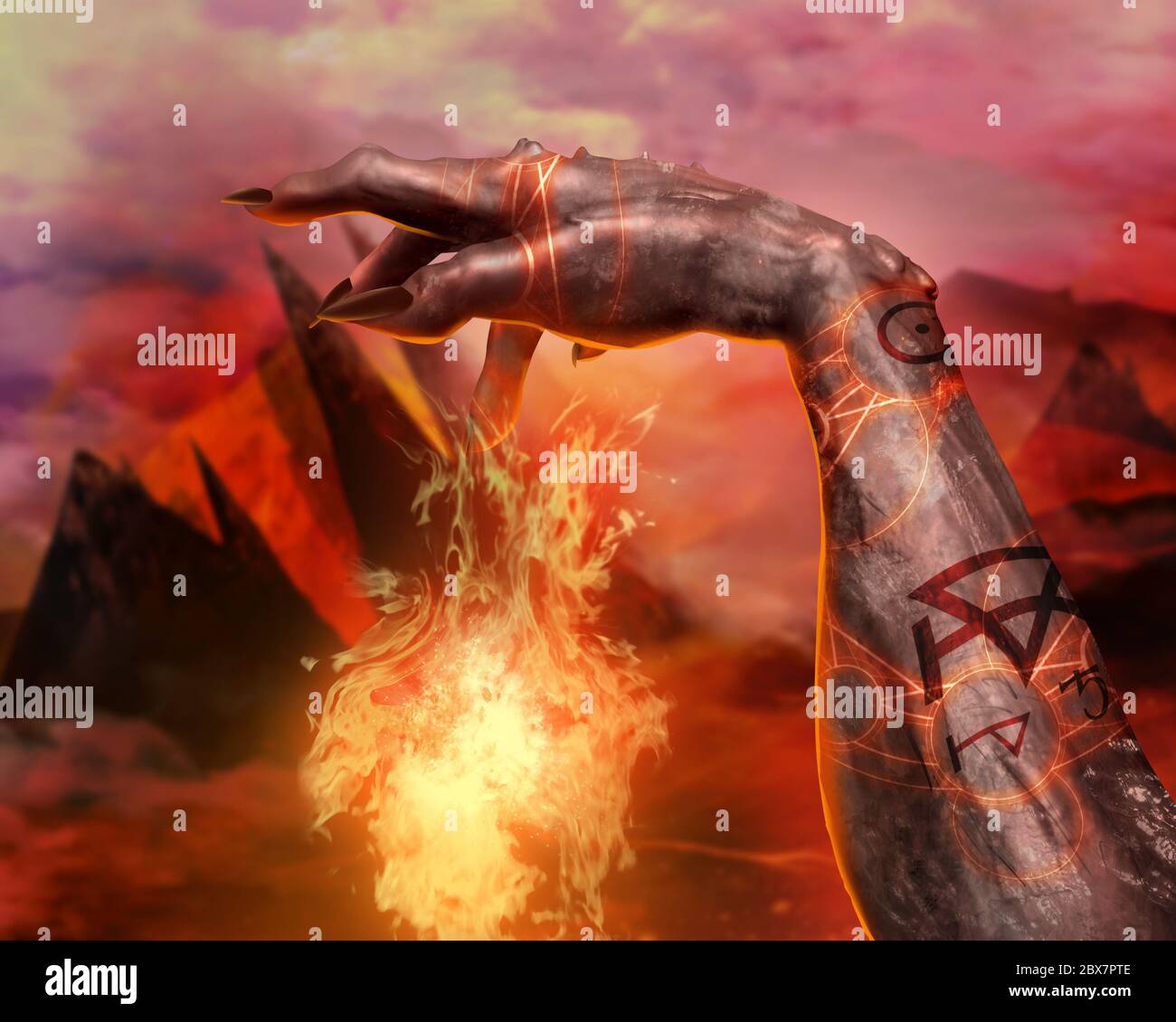 3d first person view demonic hand casting fireball spell with pentacle ...