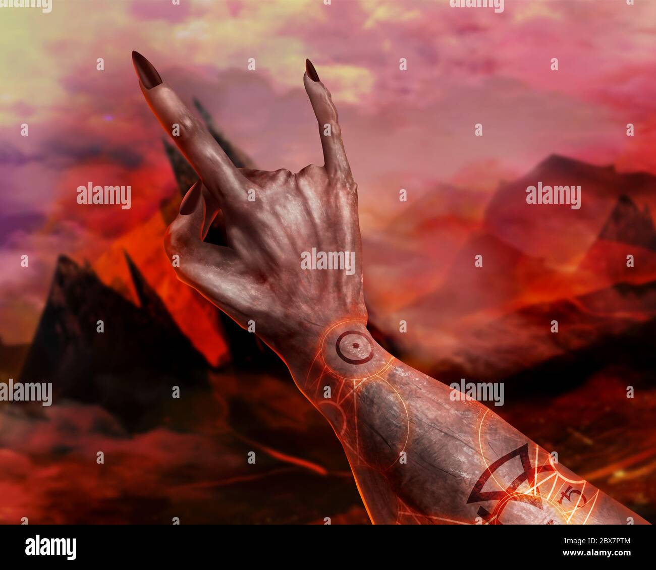 Artwork of a 3d first person view demonic hand showing horn sign and ...