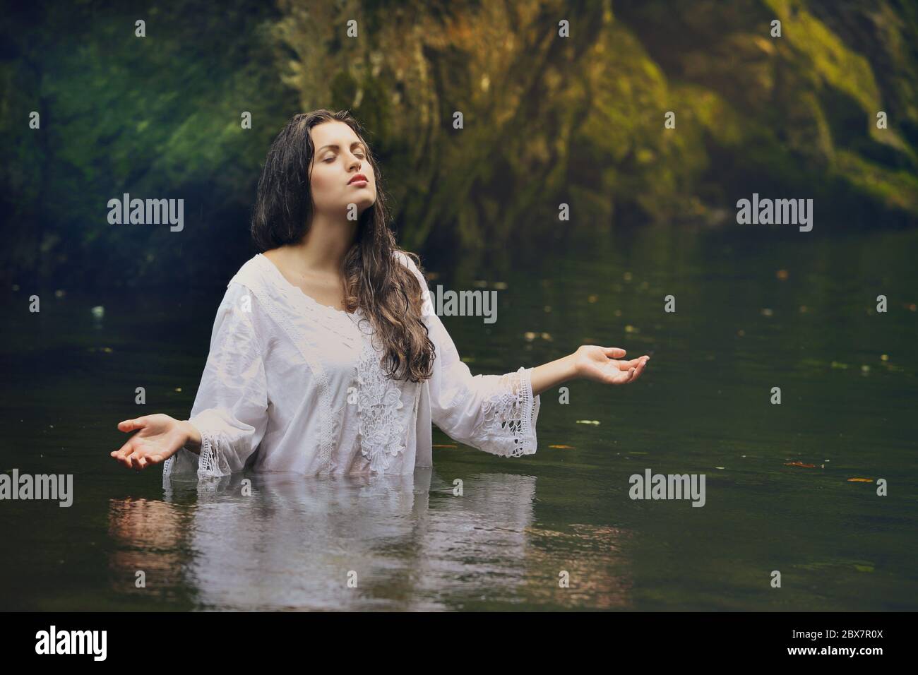 Beautiful nymph in colorful forest stream . Fantasy and surreal Stock ...