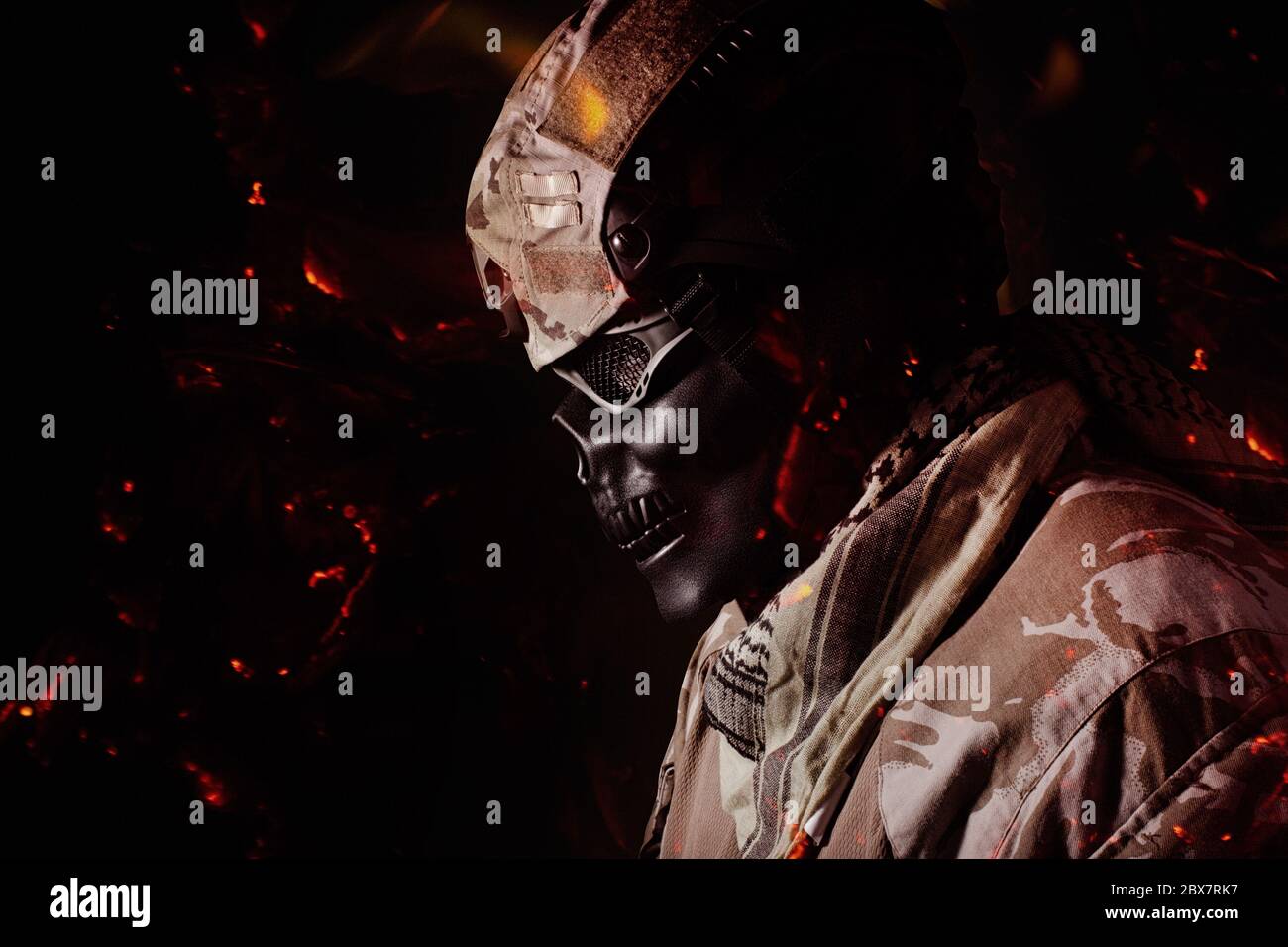 Military skeleton soldier in camouflage outfit profile view with fire ...