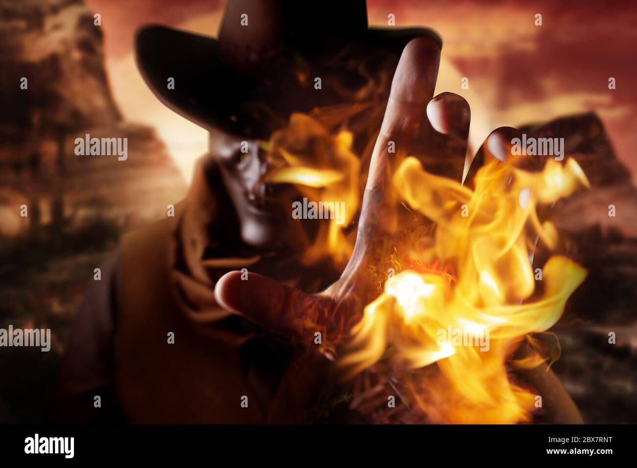 Photo of a demonic skull head cowboy in hat casting fire spell with his ...