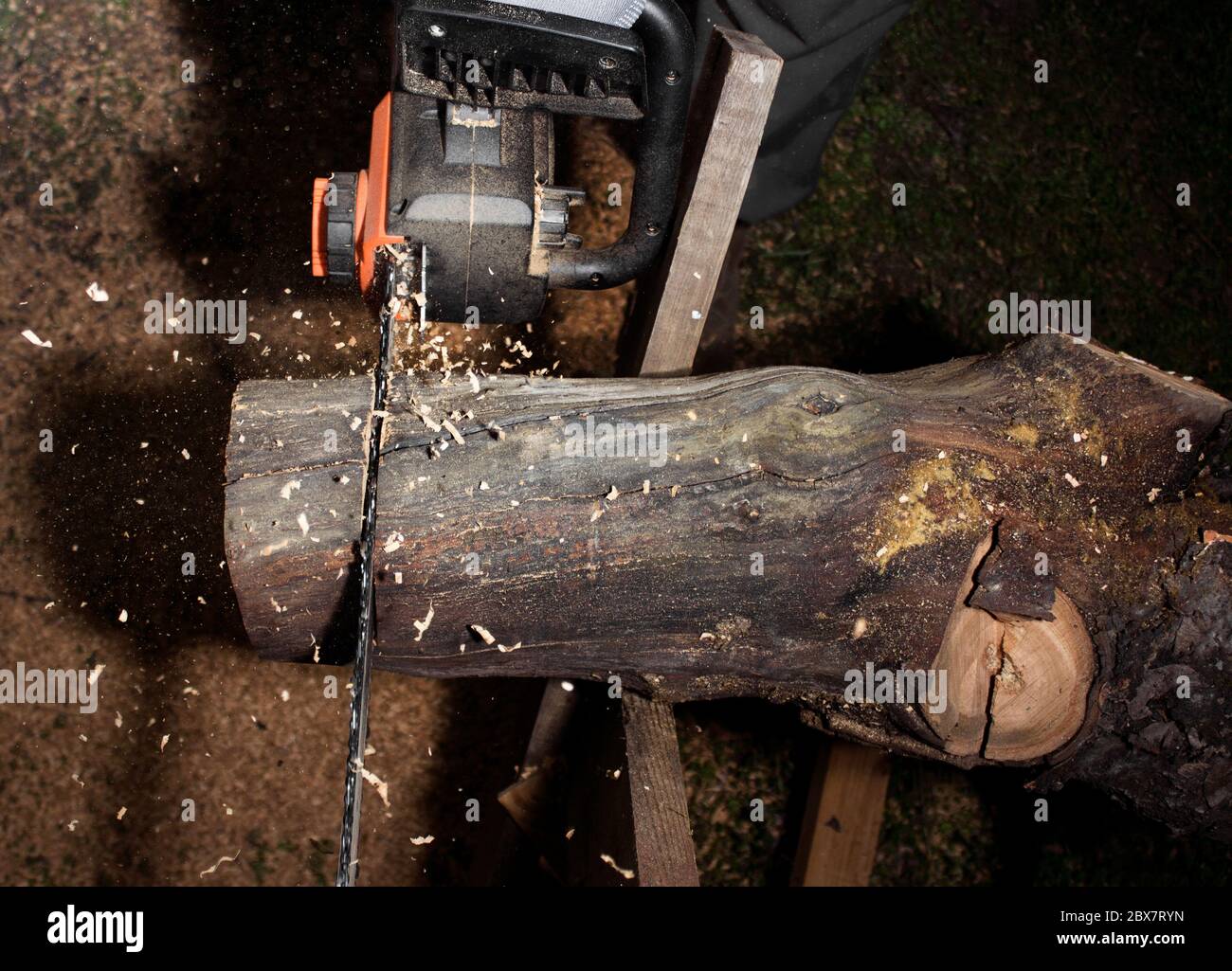 Photo of worker cutting wood log upper view Stock Photo - Alamy