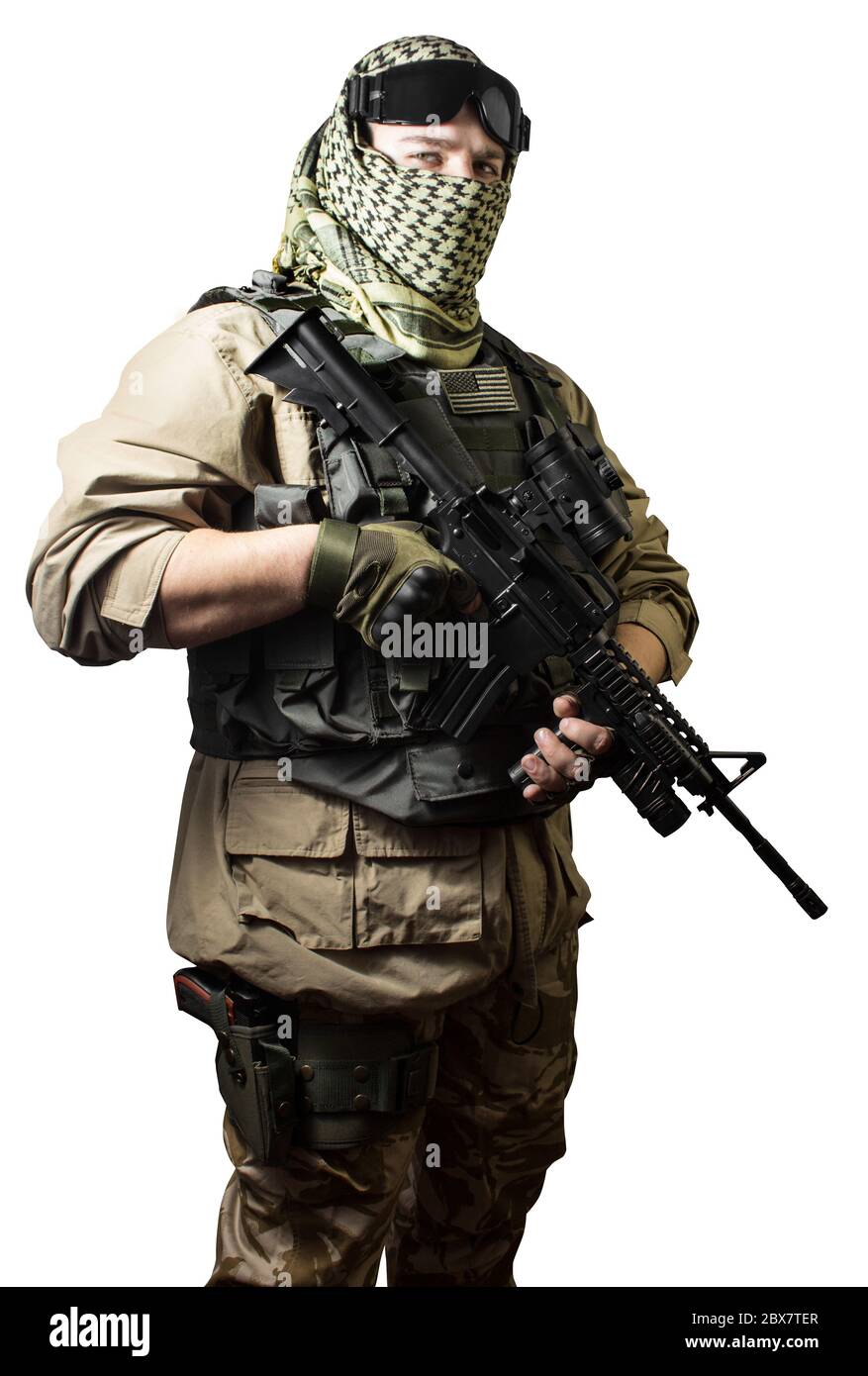 Isolated photo of a fully equipped military soldier standing with rifle ...