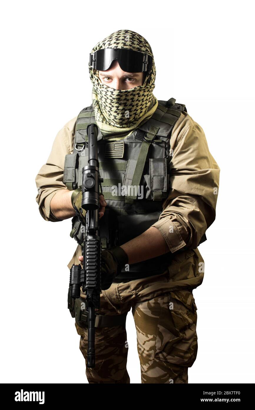 Isolated photo of a fully equipped military soldier attacking with ...