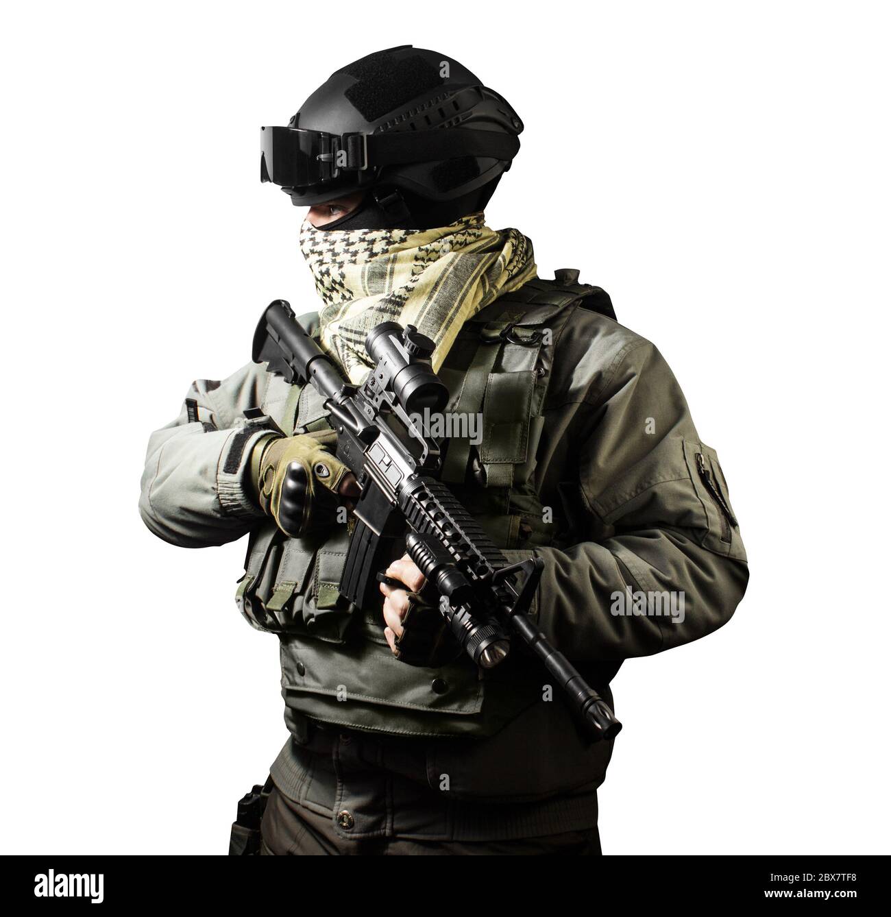 Isolated closeup photo of a fully equipped military soldier standing ...