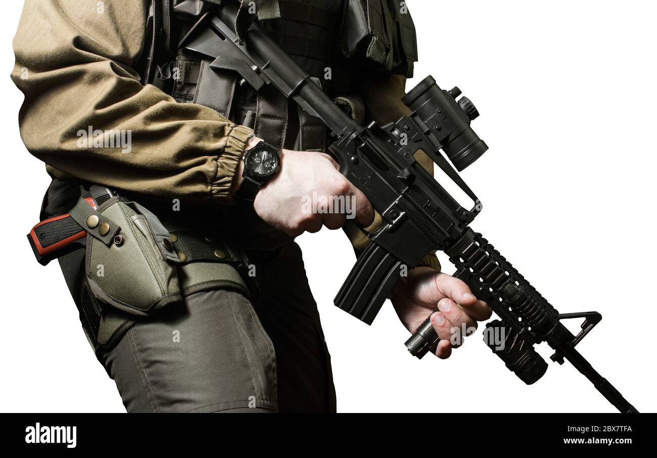 Isolated closeup photo of a male chest standing in brown military ...