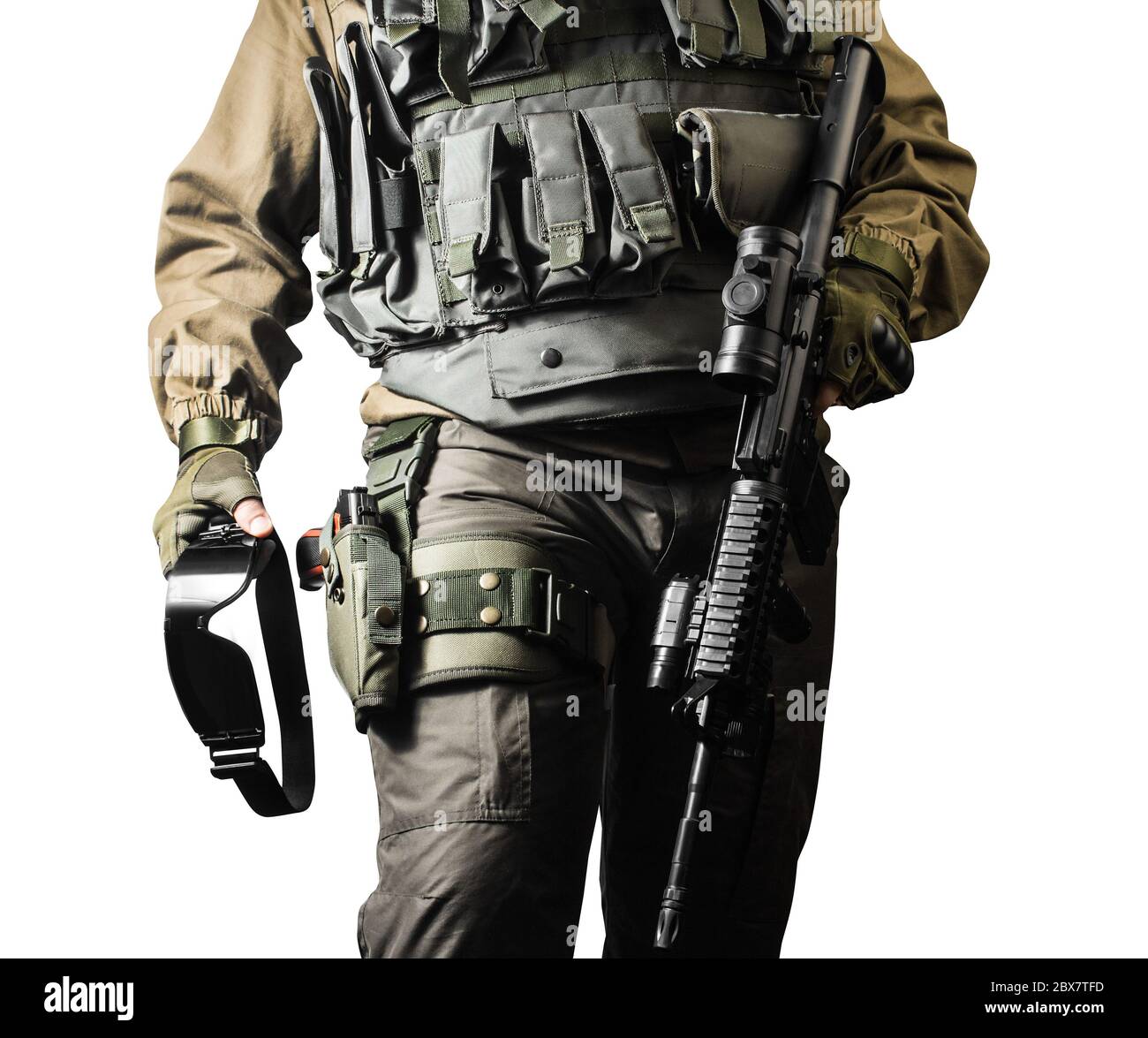 Isolated closeup photo of a male chest standing in brown military ...