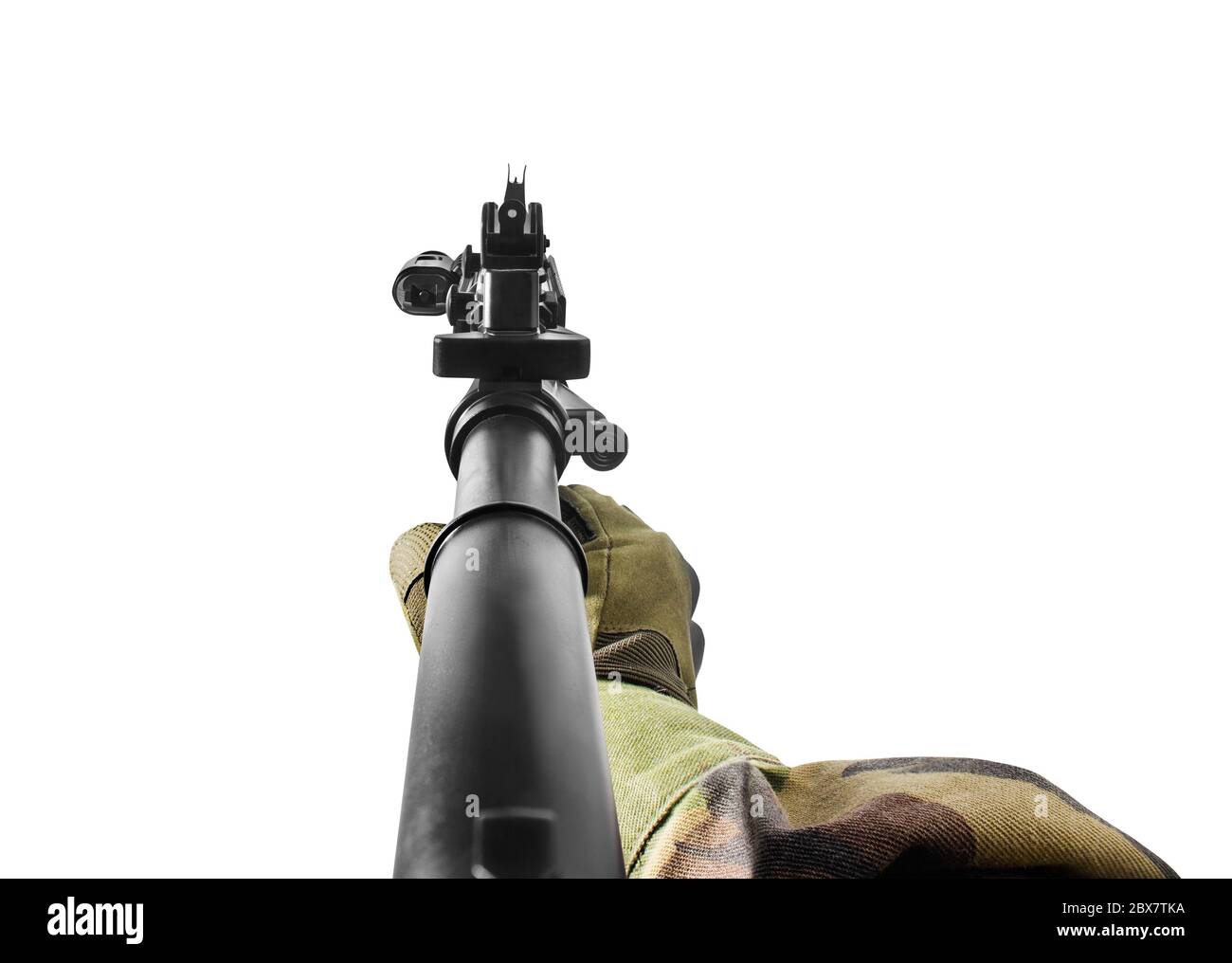 Vr first person view of a soldier hand holding automatic rifle front ...