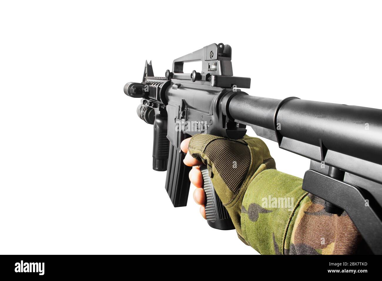 Vr first person view of a soldier hand holding automatic rifle side ...