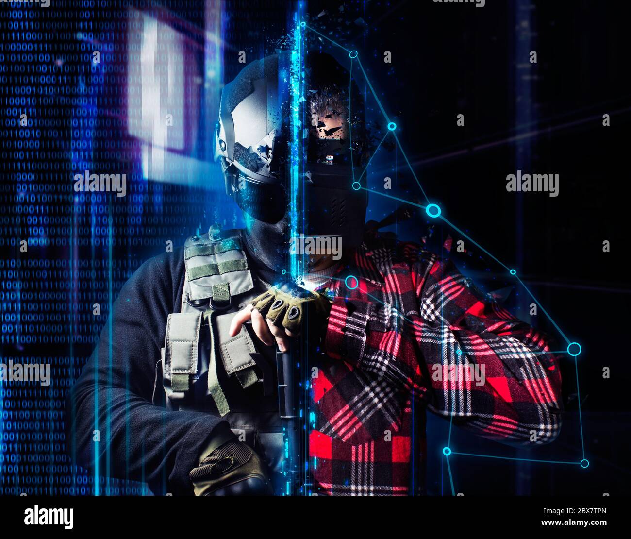 Swat soldier standing with automatic rifle with a vr player in helmet ...