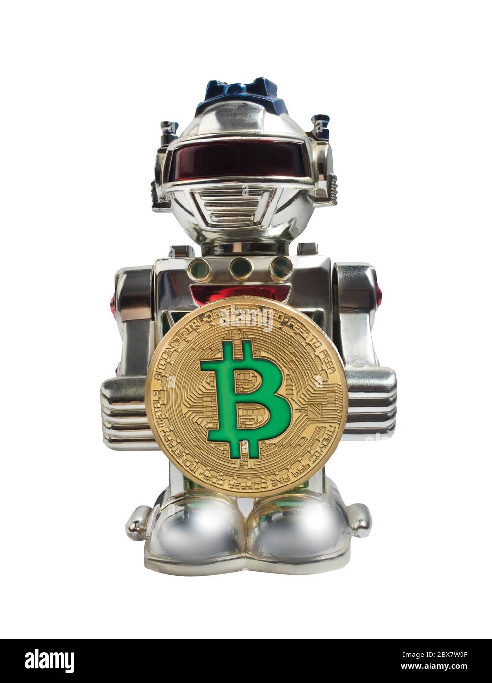 Isolated front view photo of a silver toy robot holding bitcoin coin ...