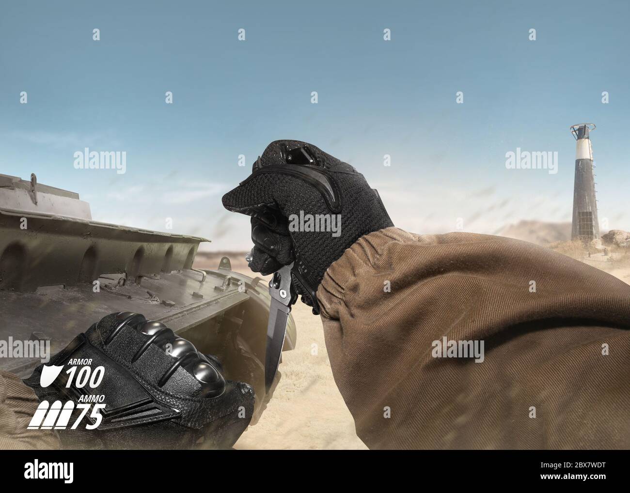 Soldier hand in black battle gloves & tactical jacket holding knife ...