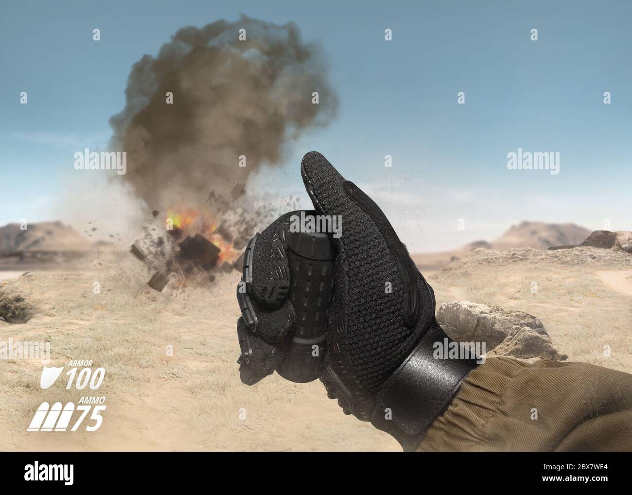 First person view soldier hand in battle gloves & tactical jacket using ...