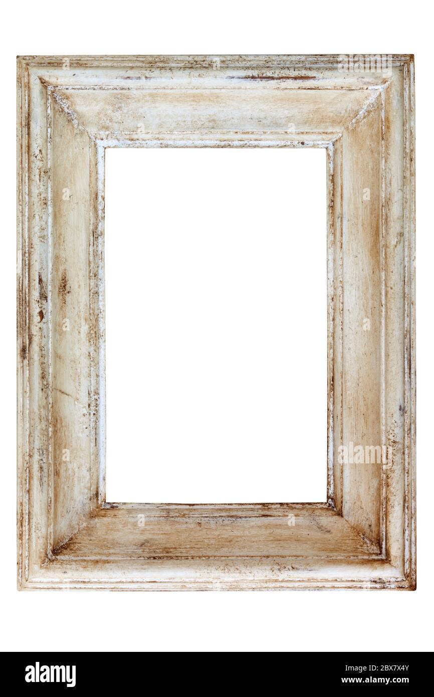 Distressed white painted picture frame, isolated on white background ...