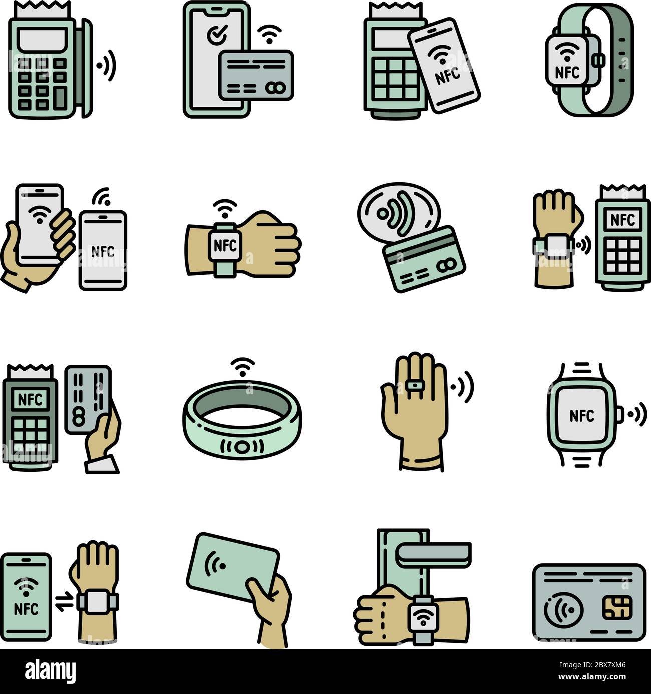 Nfc technology icons set. Outline set of nfc technology vector icons ...