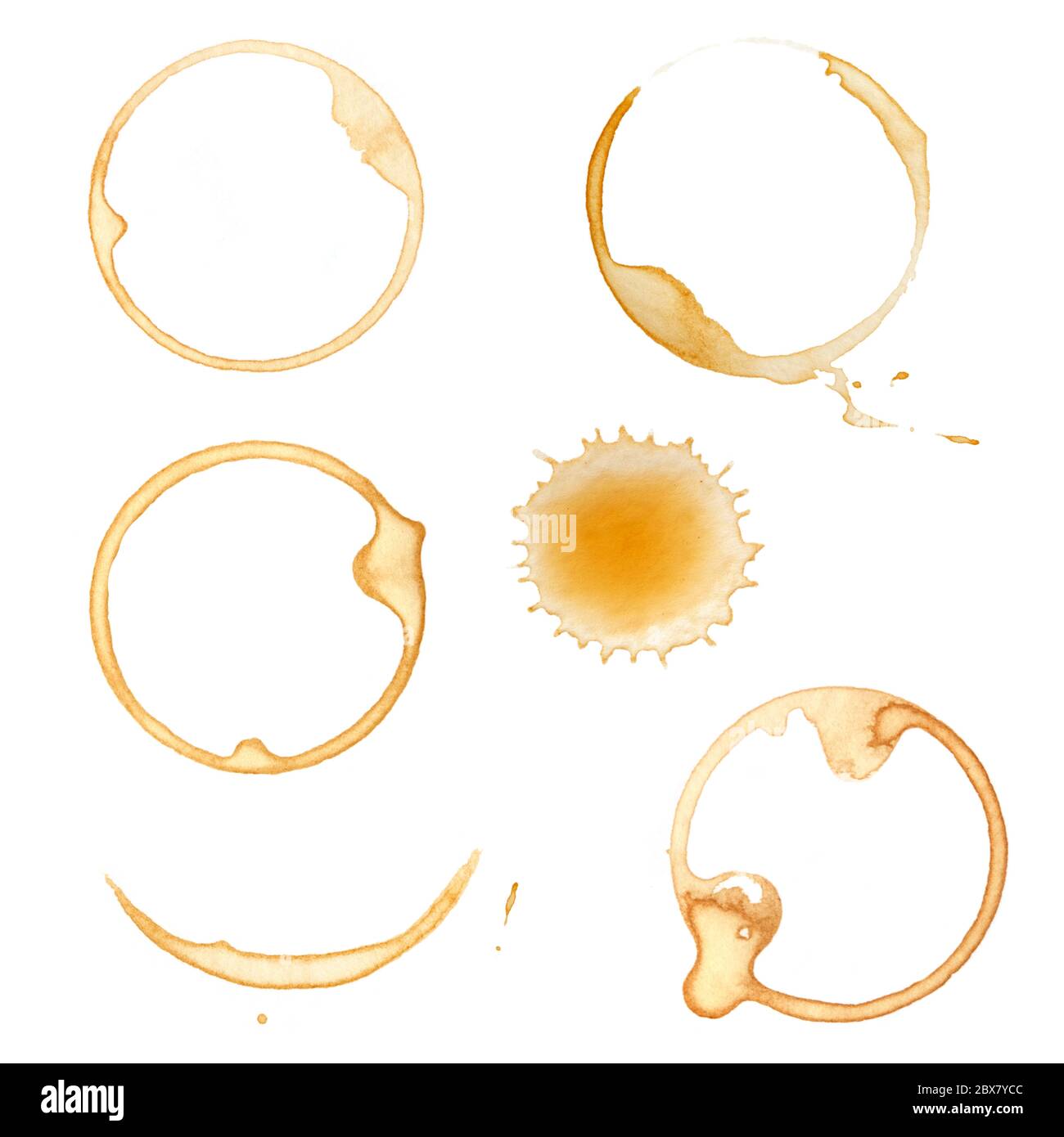 Collection of coffee splashes and stains isolated on white background ...