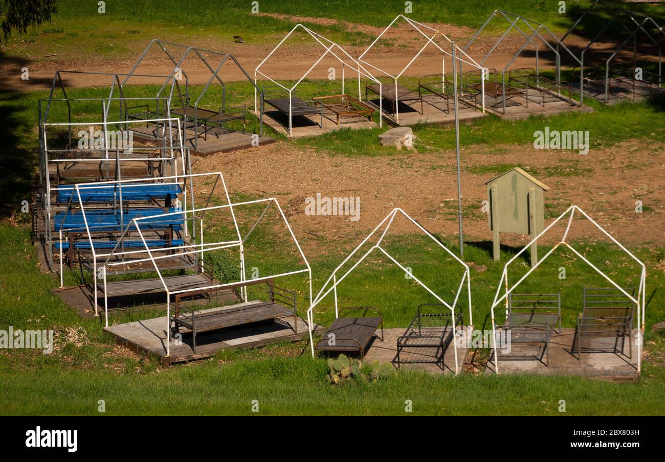 empty tent frames for children's camp on Catalina Island CA Stock Photo ...