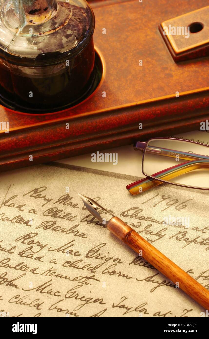 Vintage nib pen and inkwell, on page of 18th Century text Stock Photo ...