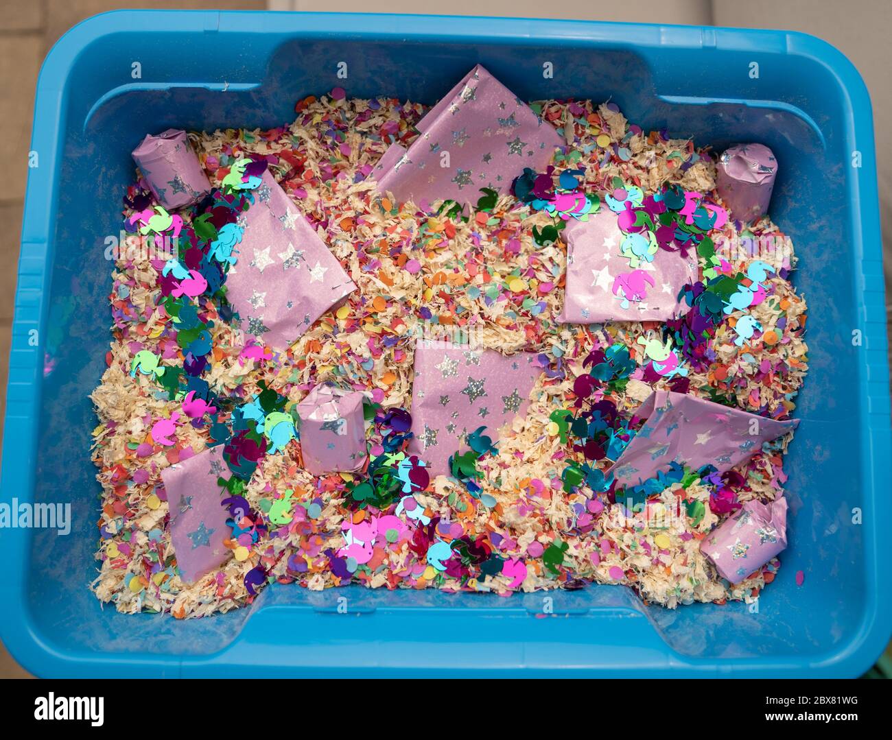 A box full of presents. Surprise present box Stock Photo - Alamy