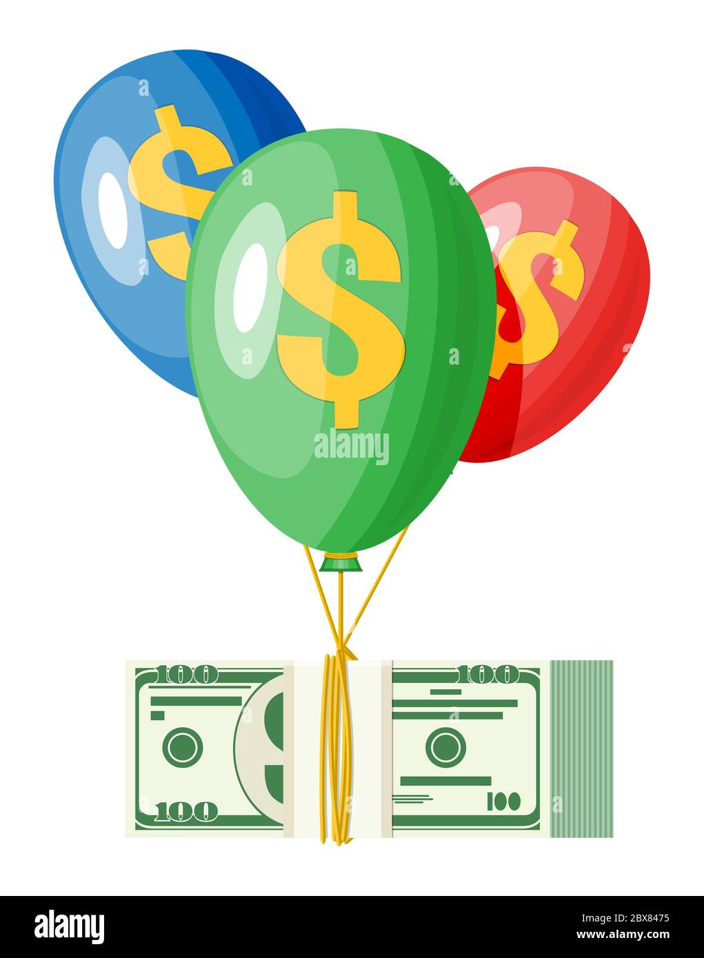 Dollar sign on balloons into the sky with bundle of money. Concept of ...