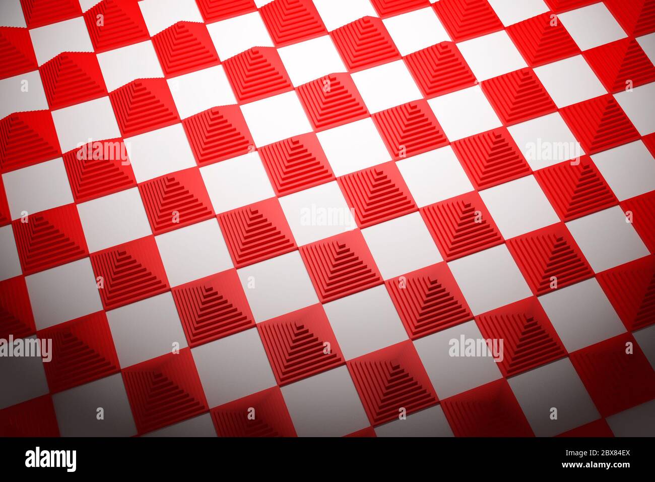 3D illustration red and white checkered geometric pattern of pyramids ...