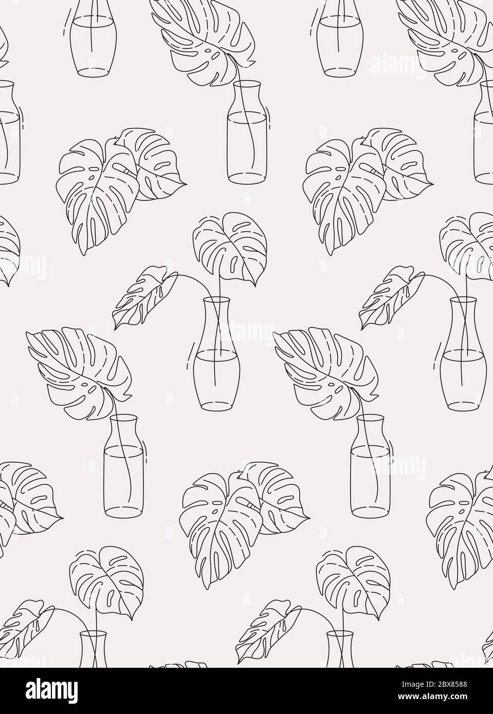 Monstera outline plants in pots seamless design on light background ...