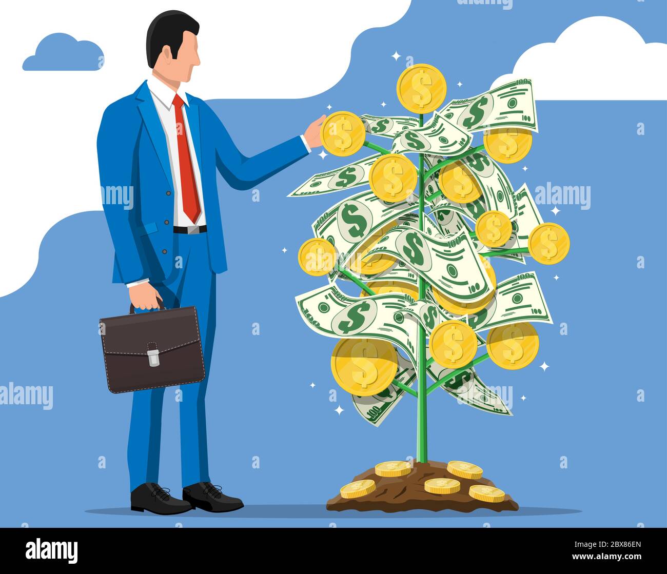 Businessman harvests from money coin tree. Growing money tree ...