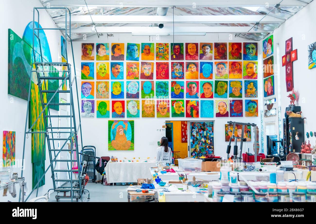 Workshop full of acrylic paint and paintings Stock Photo - Alamy