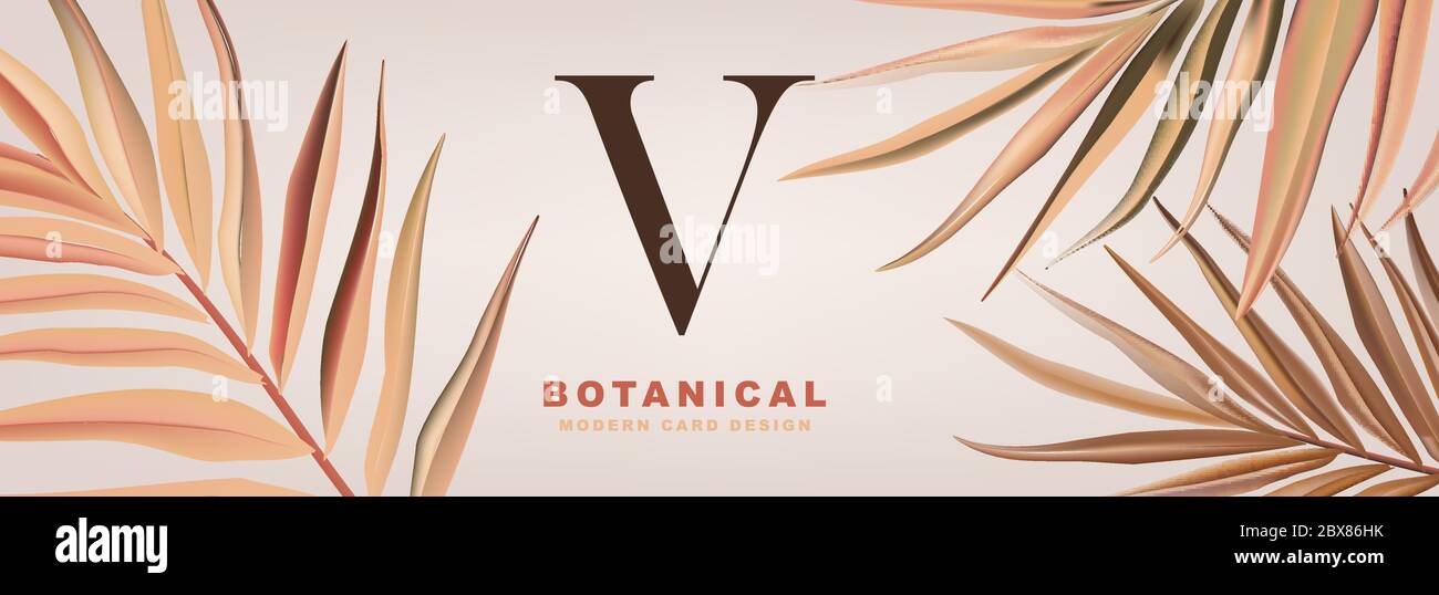 Soft palm leaves in beige color with logo design template. Horizontal ...