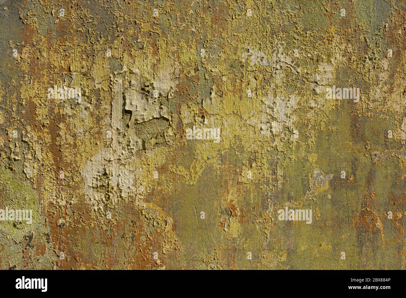 Rusty damaged cement wall with peeling paint and stains. Abstract ...