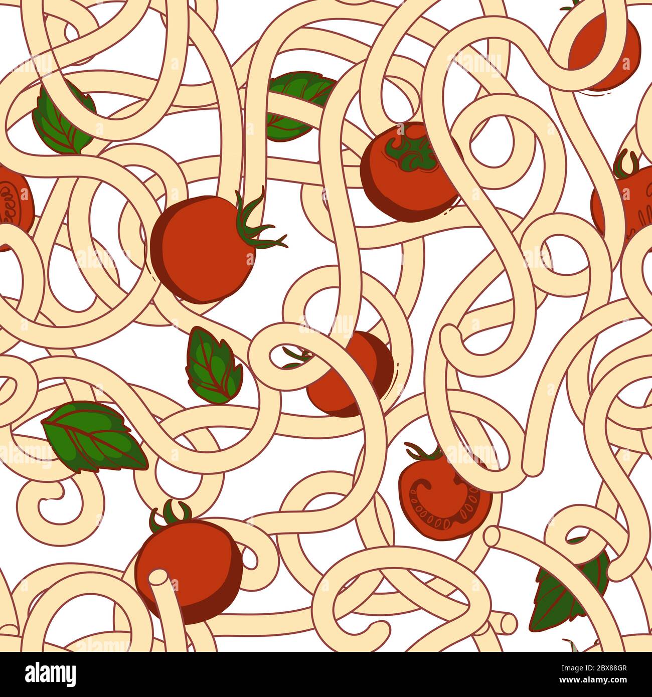 Spaghetti with tomato and basil seamless pattern. Modern Italian ...