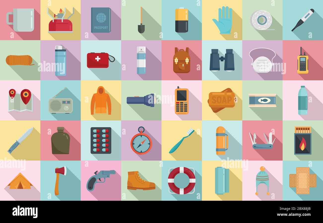 Survival icons set. Flat set of survival vector icons for web design ...