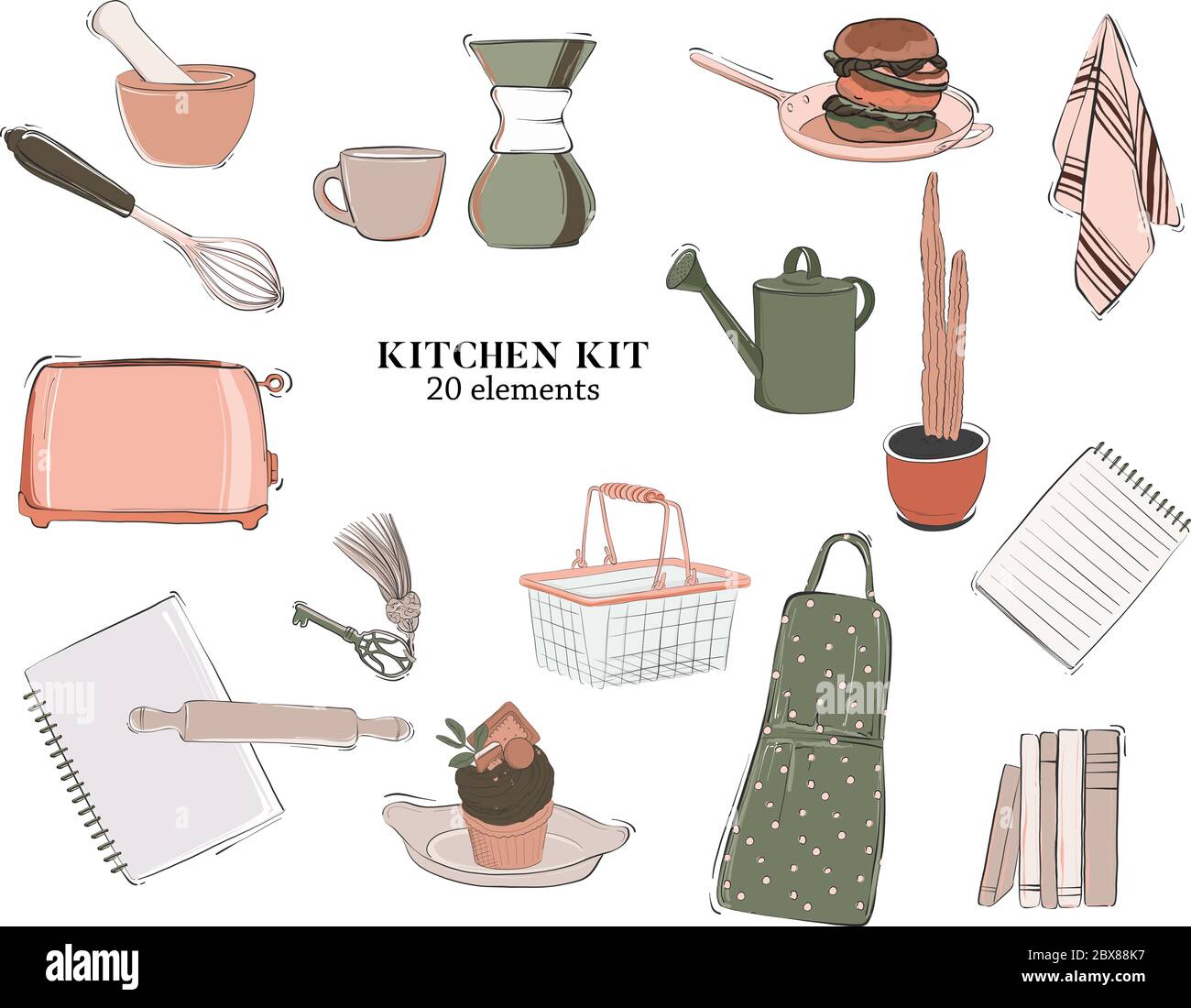 Kitchen drawing icon set. Home decor illustration for stickers, social ...