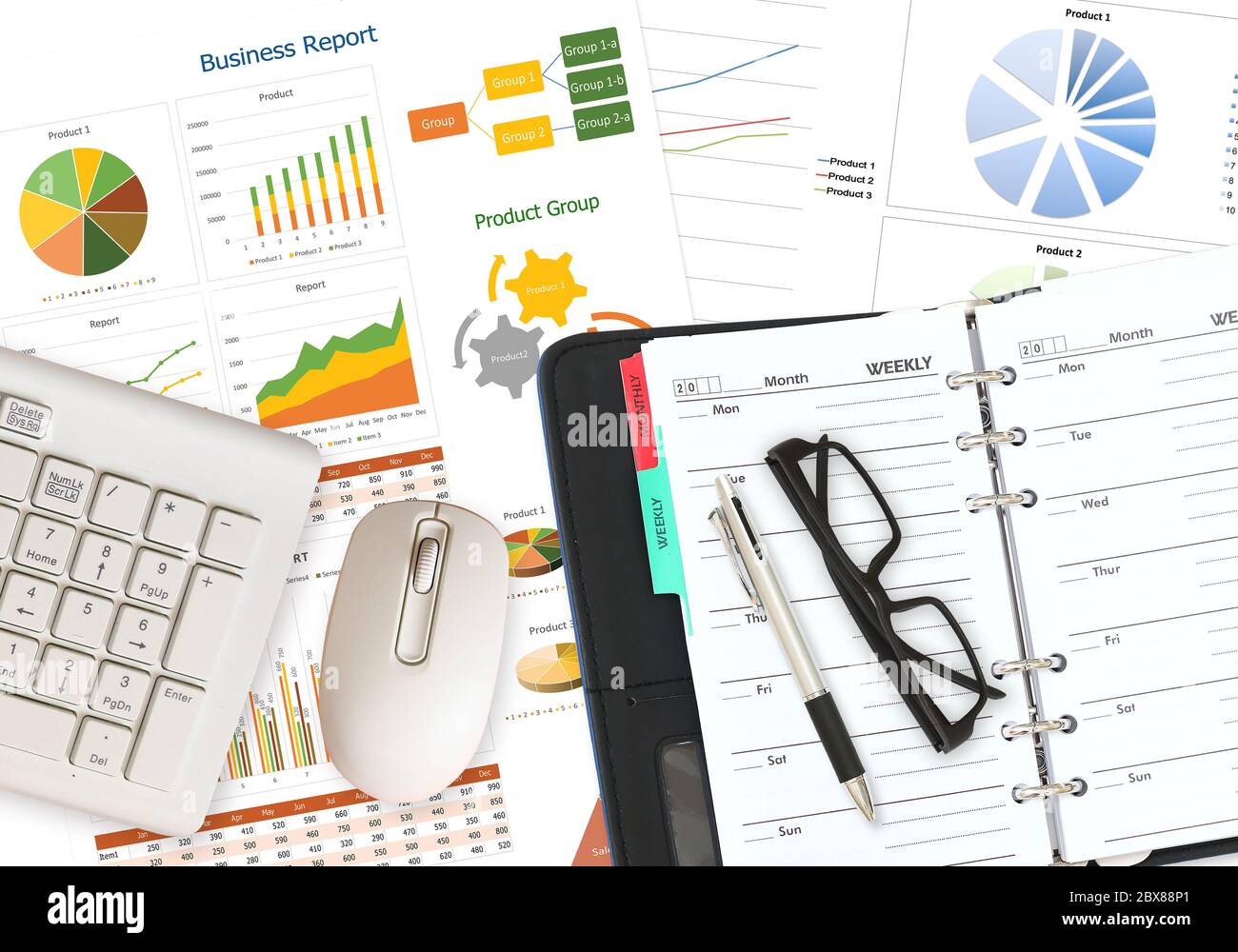 image of business object flat lay and paperwork on white background ...