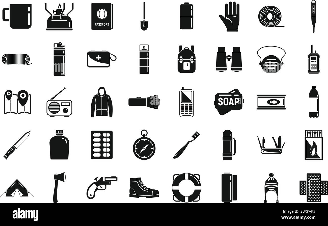 Survival equipment icons set. Simple set of survival equipment vector ... Survival equipment icons set. Simple set of survival equipment vector ...