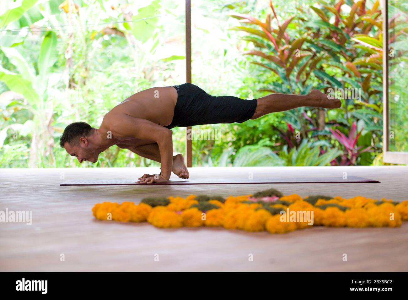 natural portrait of young attractive and fit acrobat man practicing ...