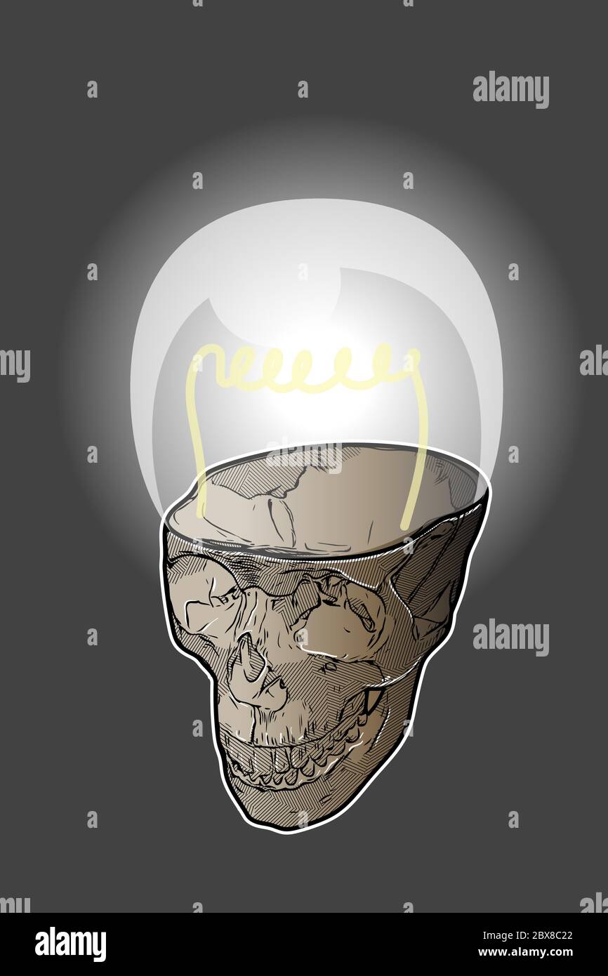 Abstract vector illustration of light bulb skull head. Creative idea ...
