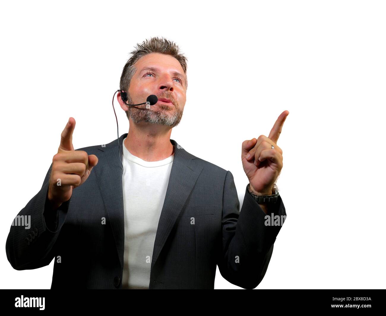 young attractive and confident successful man with headset speaking at ...