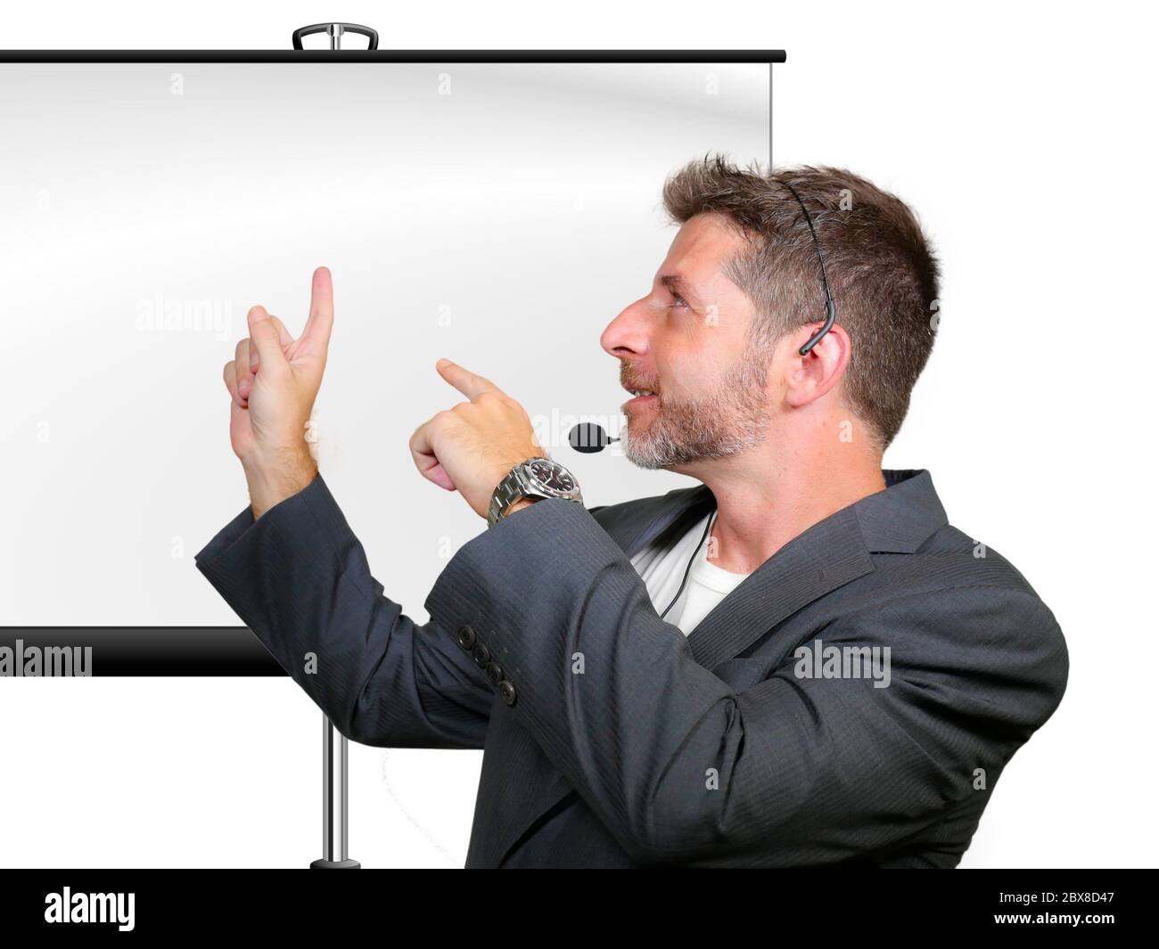 young attractive and confident successful man with headset speaking at ...