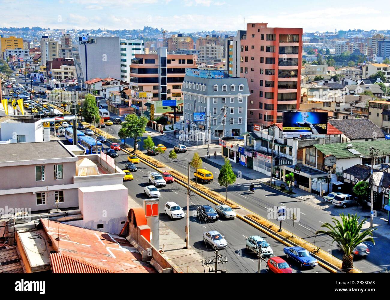 aerial view on traffic in the business district of Quito city, de los ...