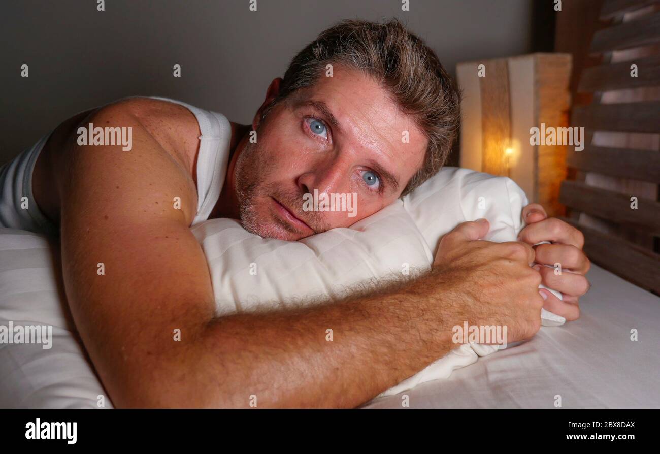 close up face portrait of sleepless and awake attractive man with eyes ...