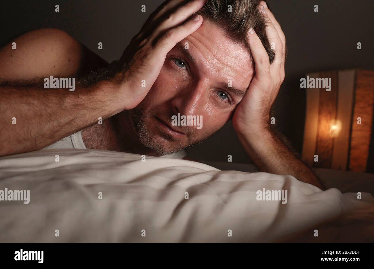 close up face portrait of sleepless and awake attractive man with eyes ...
