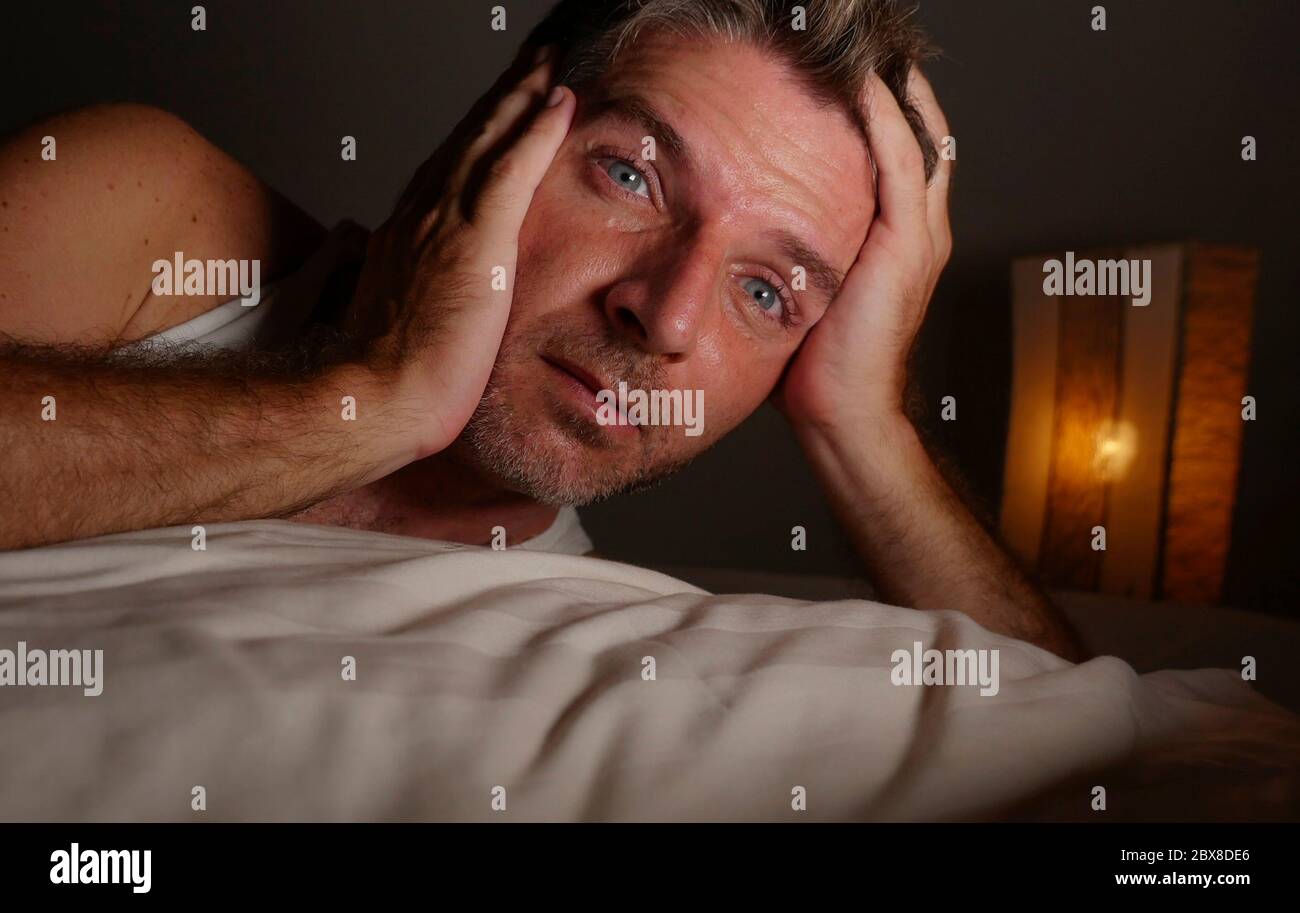 close up face portrait of sleepless and awake attractive man with eyes ...