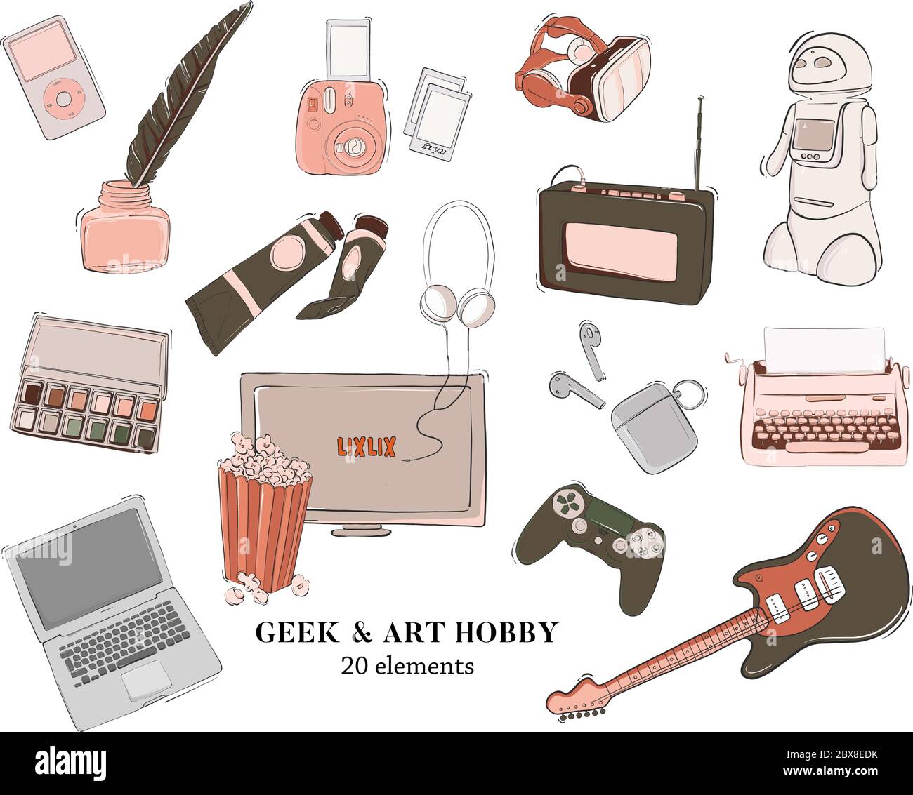 Geek and art icons set drawing. Indoor activity line art sketch. Hand ...