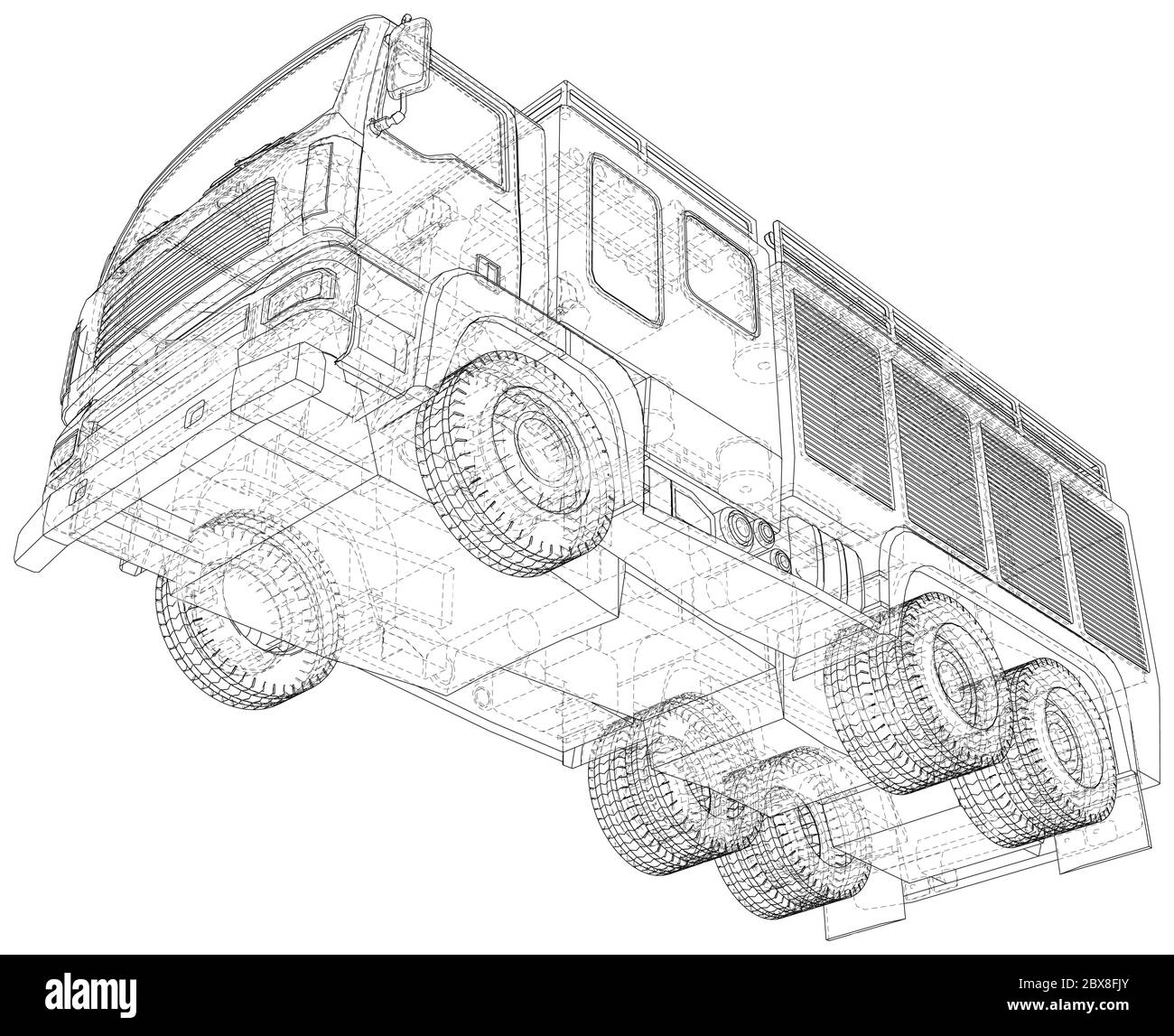 Vector Wire-frame Fire truck. The layers of visible and invisible lines ...
