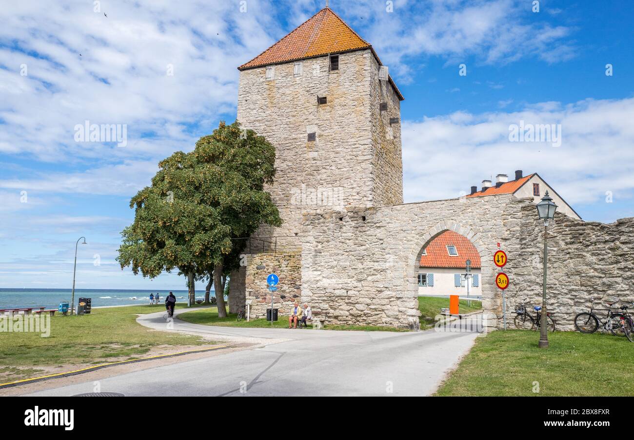 Visby with its famous city wall and the Gunpowder Tower from the 13th ...