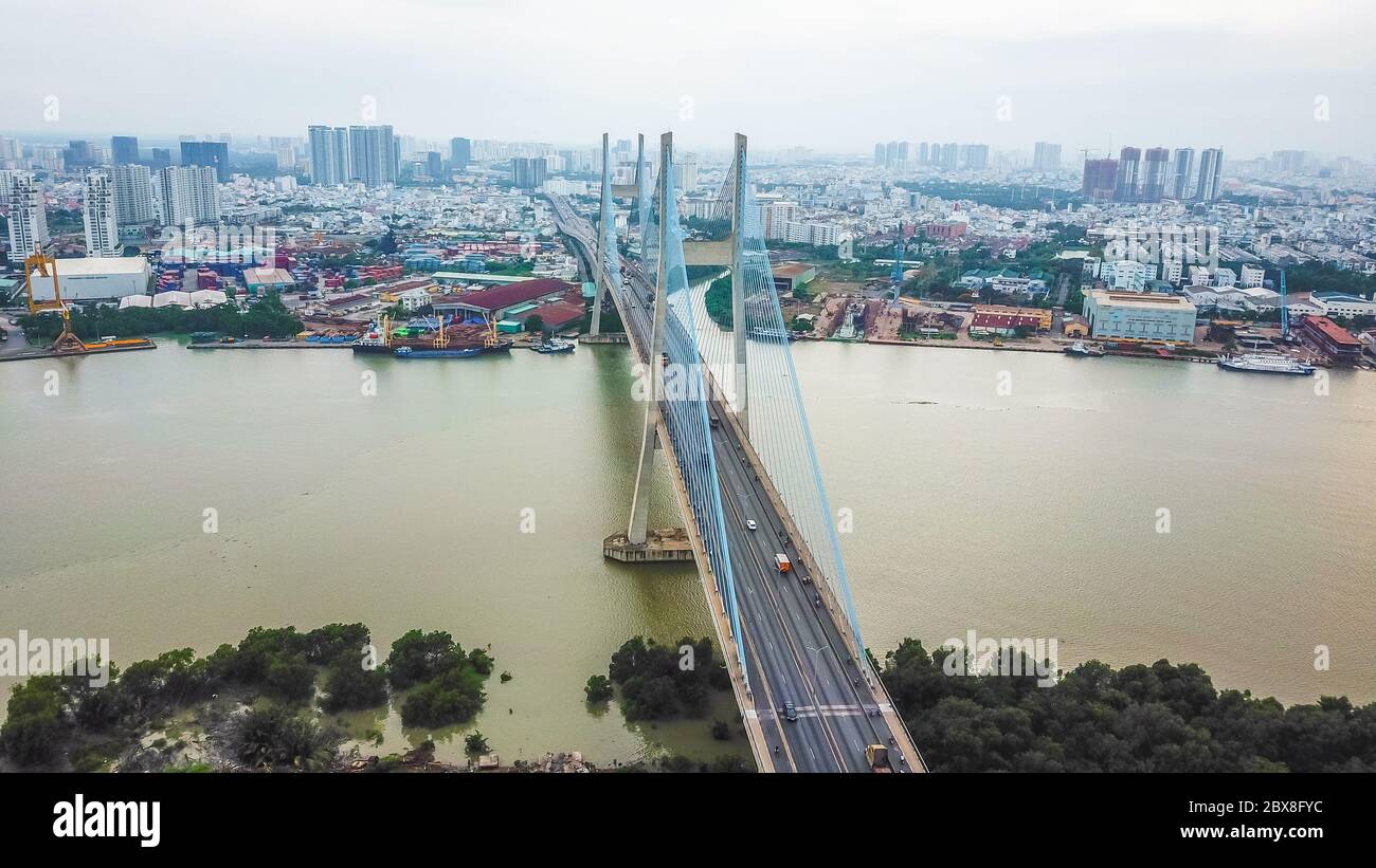 Drone view of Phu My bridge in Ho Chi Minh city. Vietnam Stock Photo ...