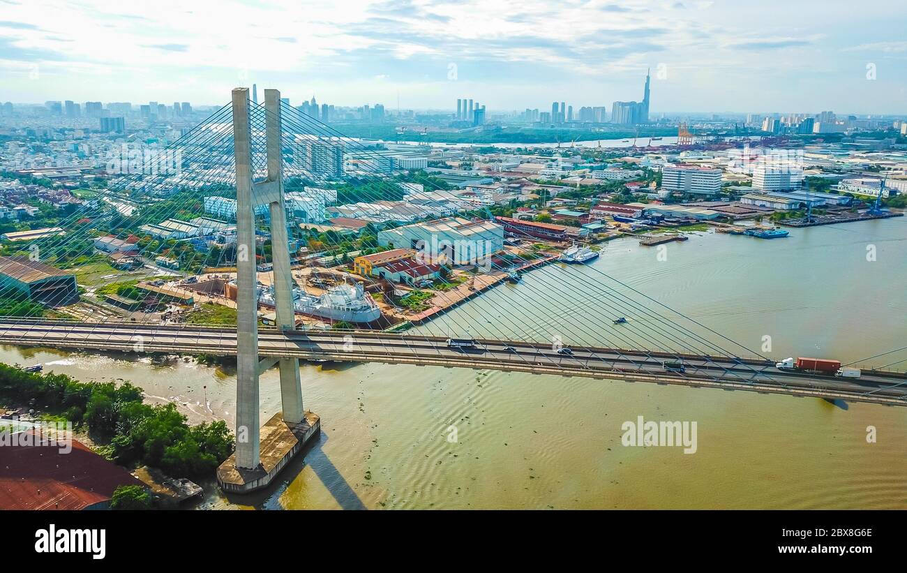 Drone view of Phu My bridge in Ho Chi Minh city. Vietnam Stock Photo ...