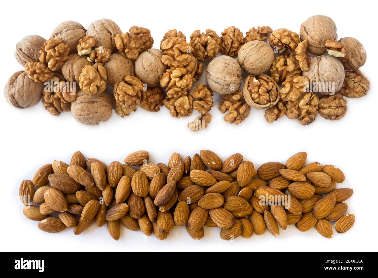 Walnuts and almonds isolated on a white background. Nuts with copy ...