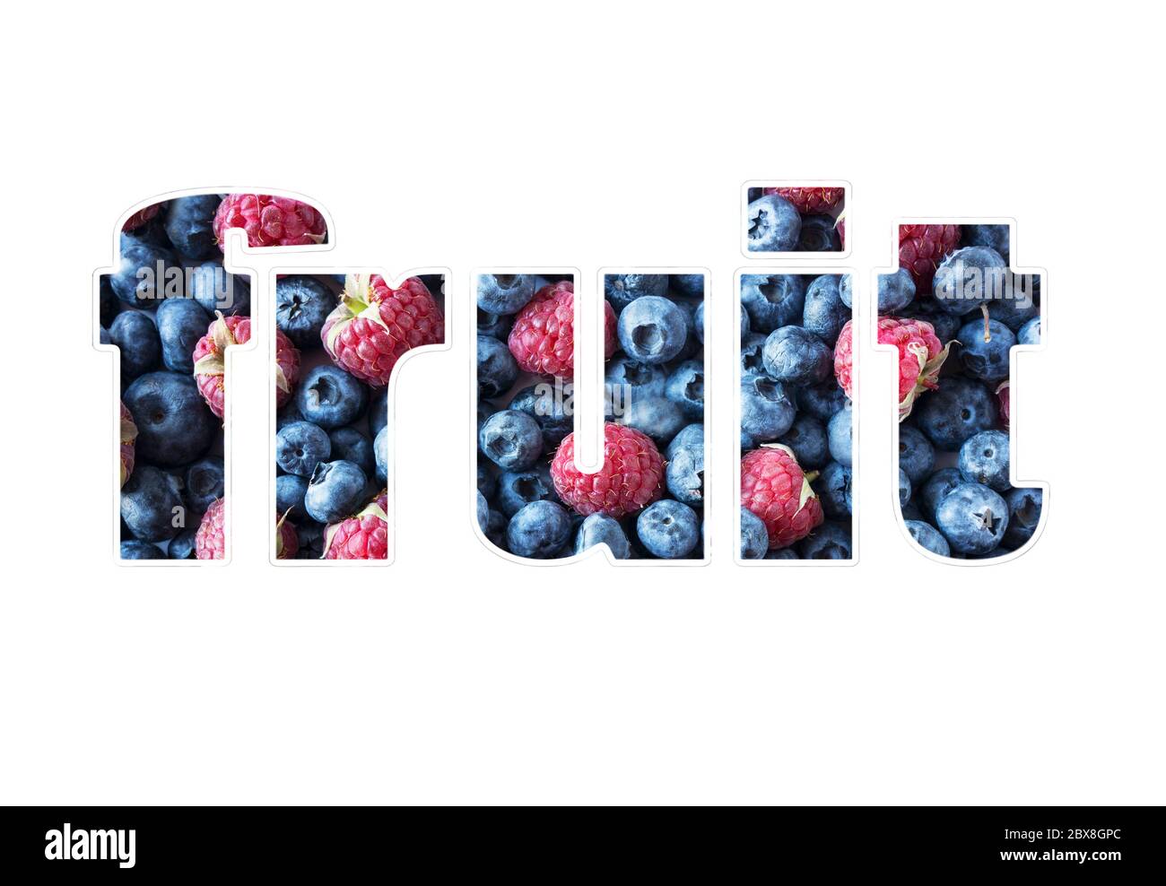 Word FRUIT composed of different fruits and berries. Black-blue and red ...